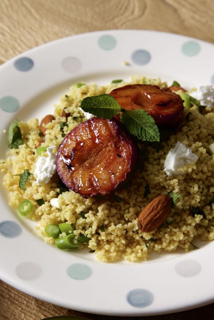 Grilled Plums with Minted Couscous and Toasted Almonds